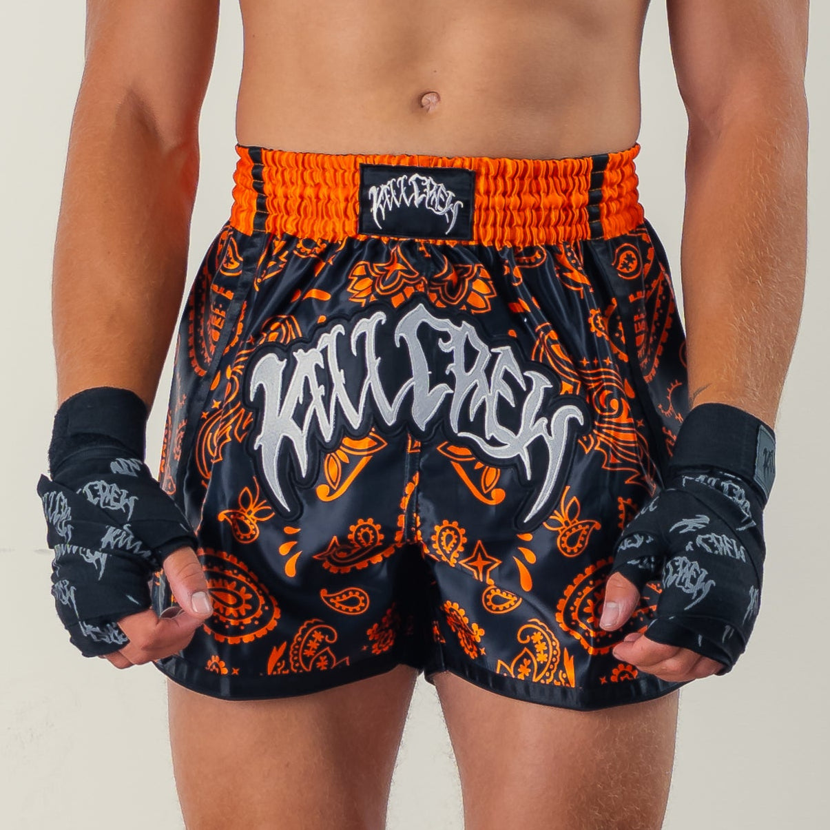 BANDANA FIGHT SHORTS - BLACK / ORANGE – Kill Crew
