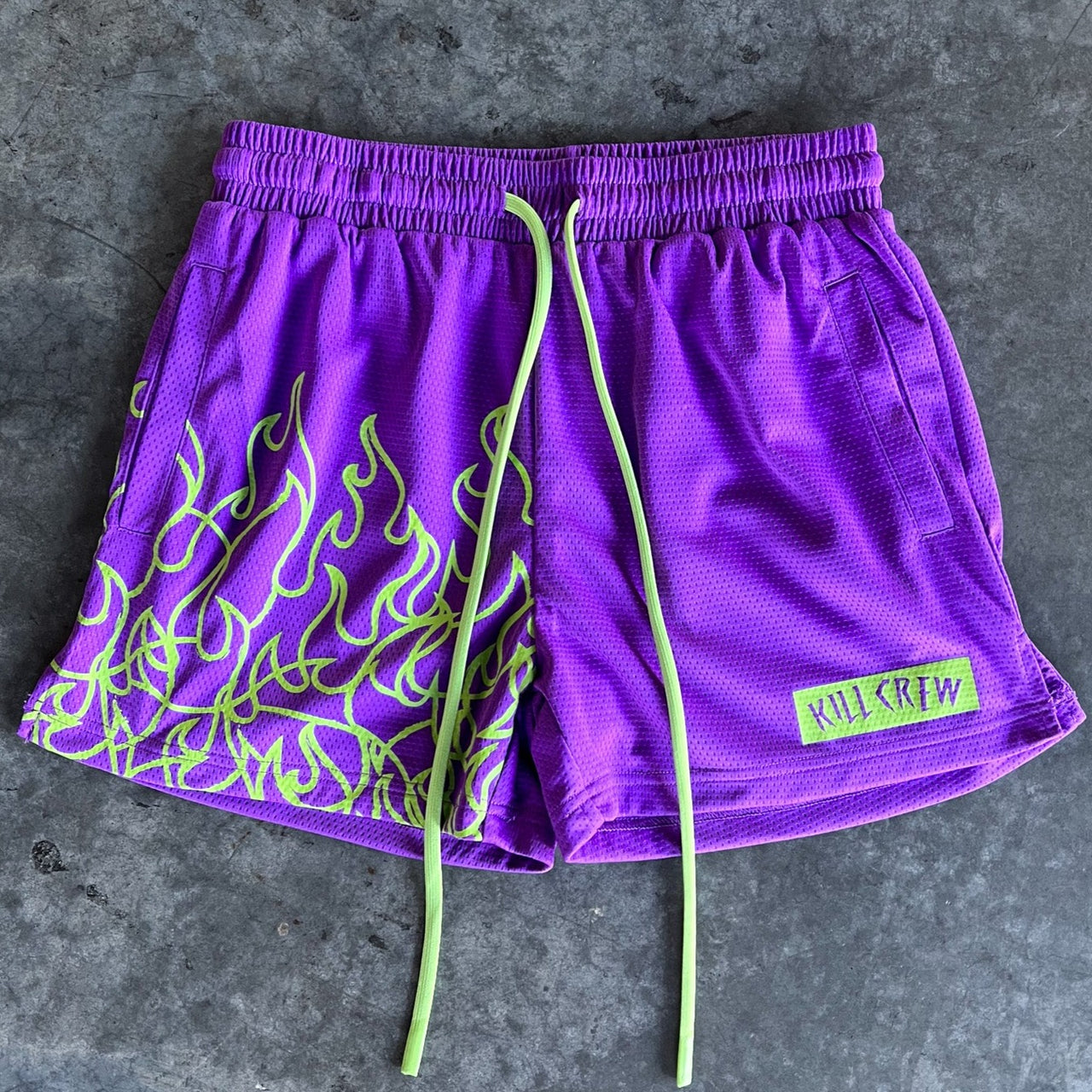 MUAY THAI FLAME SHORTS (MID THIGH CUT) - PURPLE / GREEN – Kill Crew
