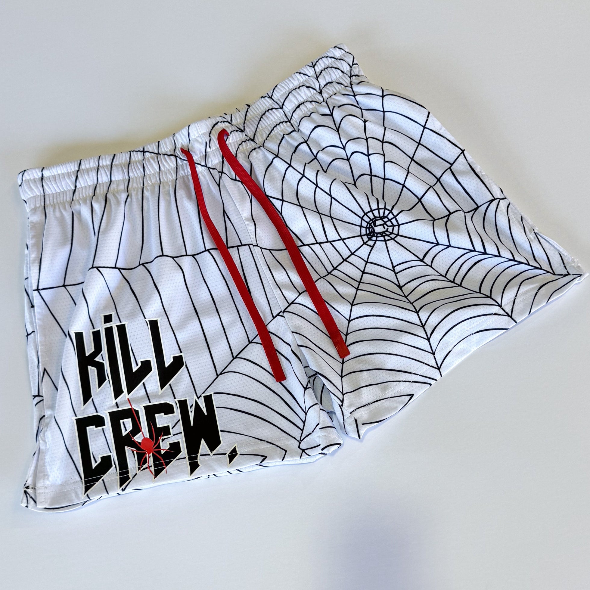 Muay Thai Shorts Mid Thigh Cut Spider White Black Kill Crew