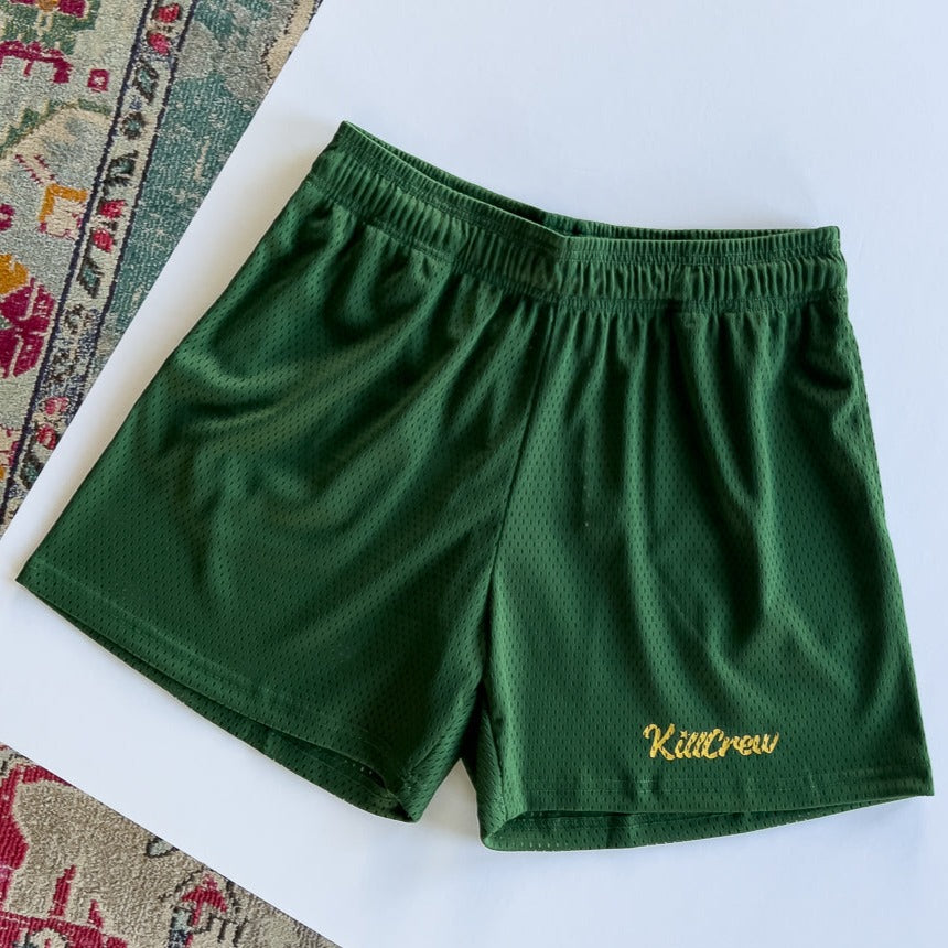 VENTED MESH SCRIPT SHORTS - GREEN / GOLD - Kill Crew