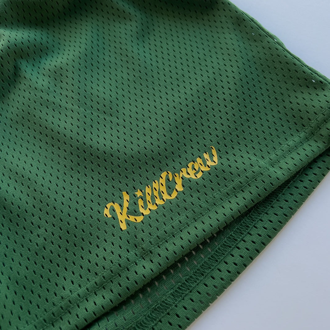 VENTED MESH SCRIPT SHORTS - GREEN / GOLD - Kill Crew