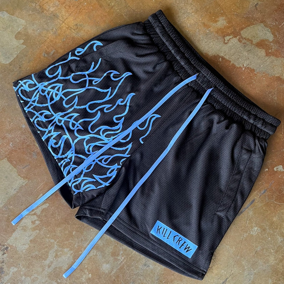 MUAY THAI FLAME SHORTS (MID THIGH CUT) - BLACK / BLUE – Kill Crew