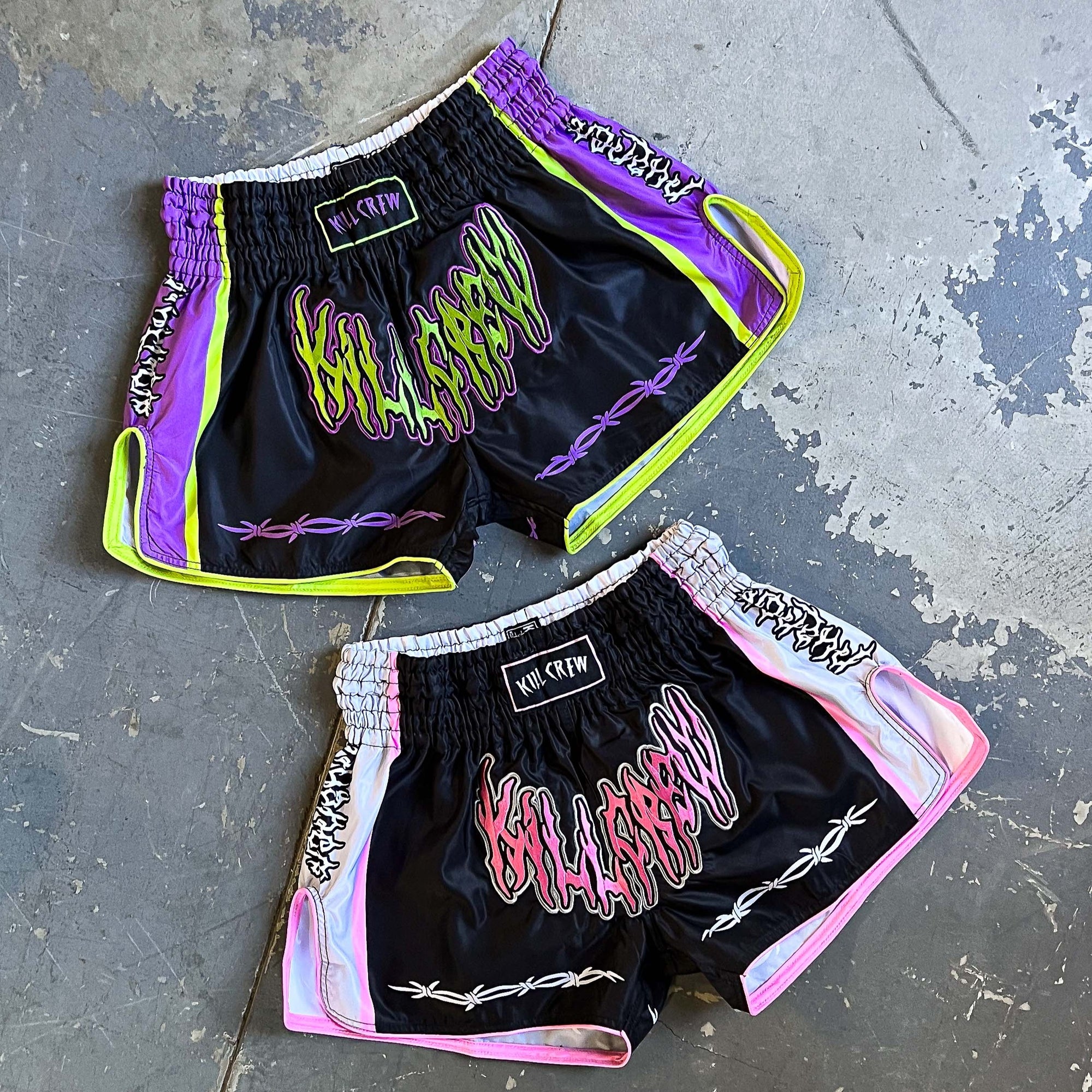 RETRO THAI FIGHT SHORTS - BLACK / PINK - Kill Crew