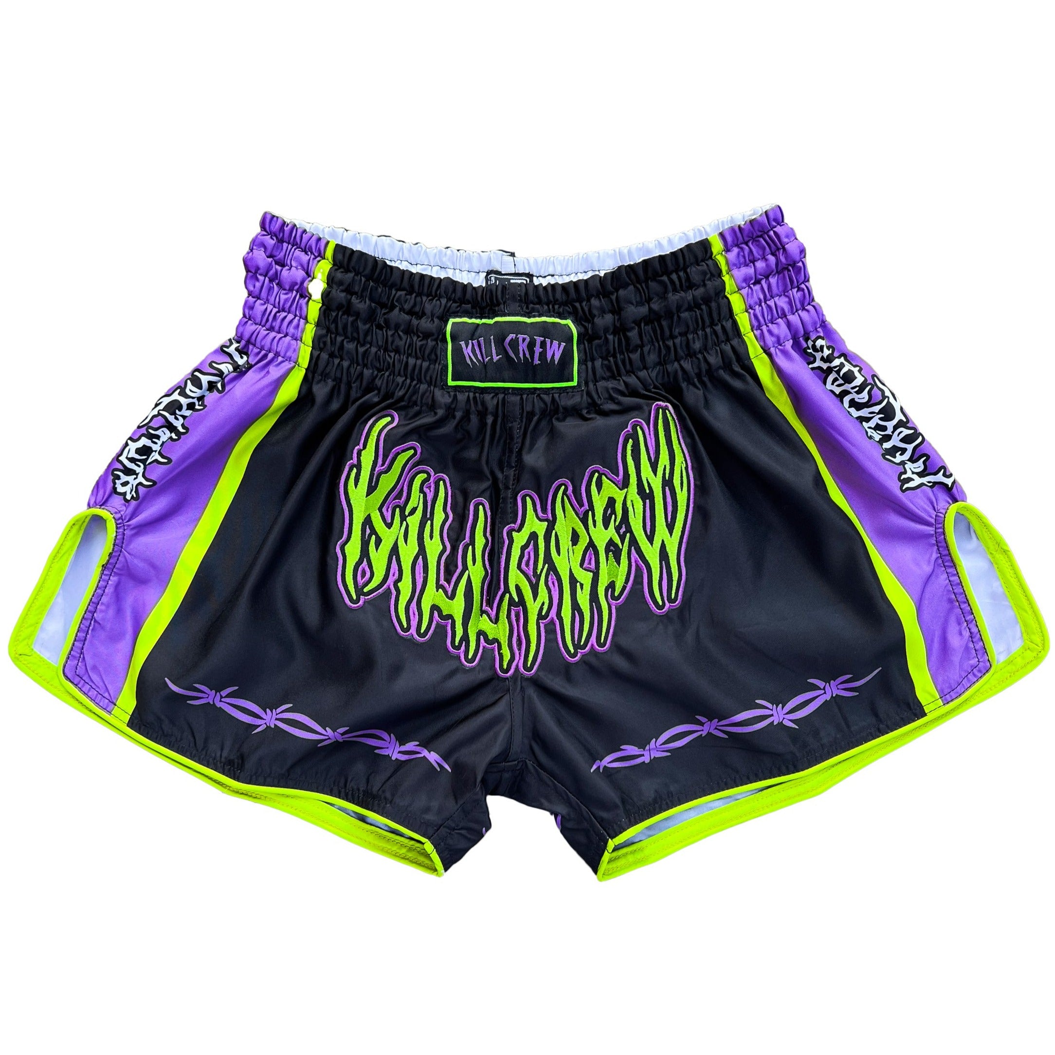 RETRO THAI FIGHT SHORTS - BLACK / PURPLE - Kill Crew