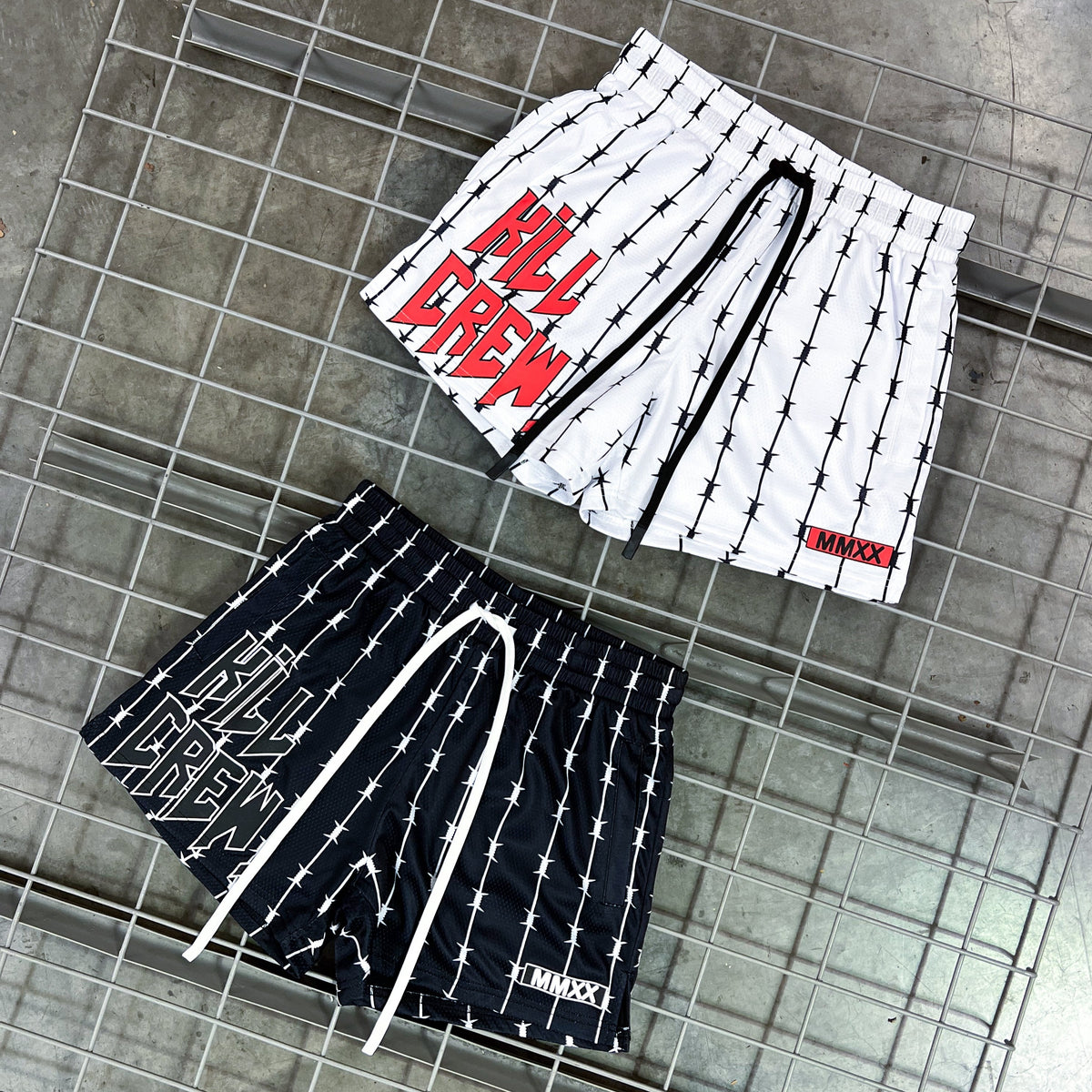 BARBWIRE MUAY THAI SHORTS (MID THIGH CUT) - BLACK / WHITE - Kill Crew
