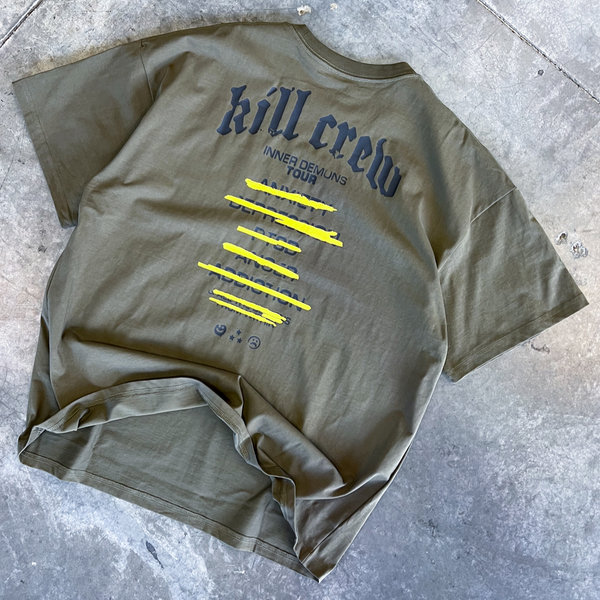 OVERSIZED INNER DEMONS TOUR T-SHIRT - OLIVE / BLACK - Kill Crew