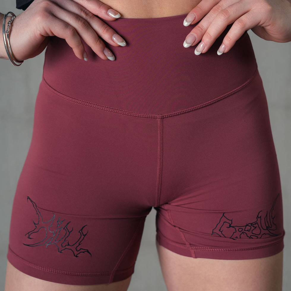 SCRUNCH WOLF BIKER SHORTS - MAROON / BLACK – Kill Crew
