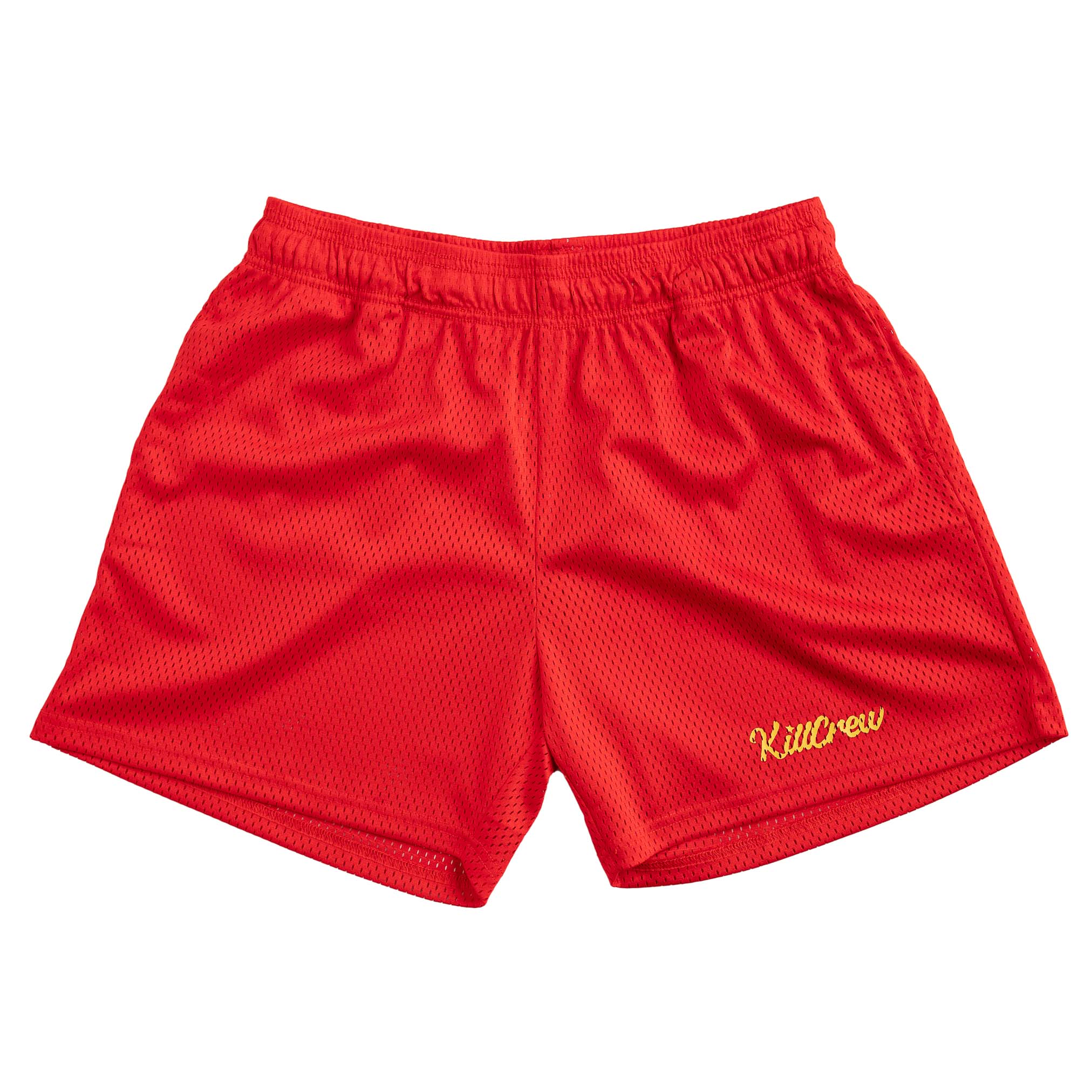VENTED MESH SHORTS SCRIPT - RED / GOLD – Kill Crew