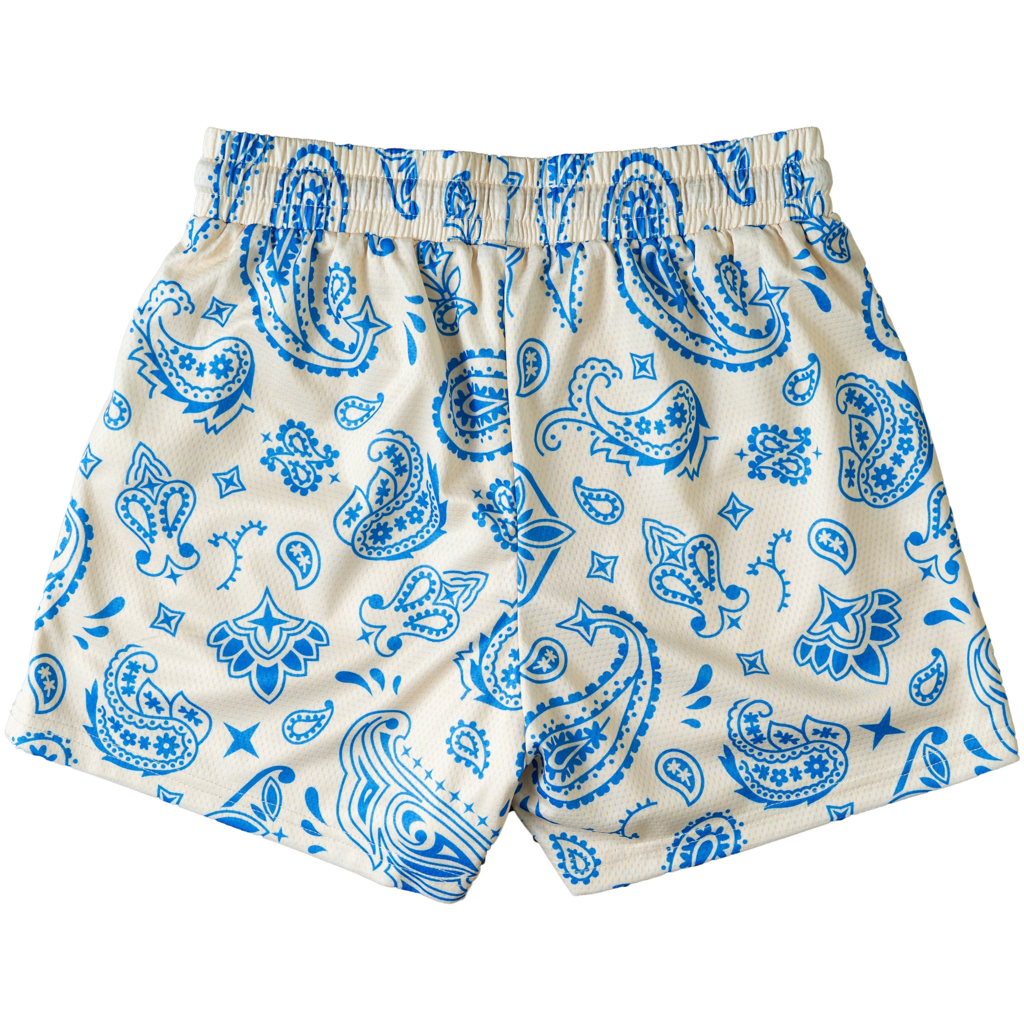 MUAY THAI SHORTS (MID THIGH CUT) BANDANA - CREAM / BLUE - Kill Crew