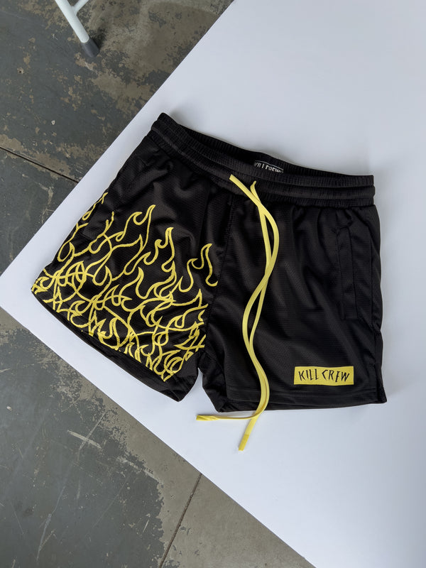 MUAY THAI FLAME SHORTS (MID THIGH CUT) - BLACK / YELLOW - Kill Crew