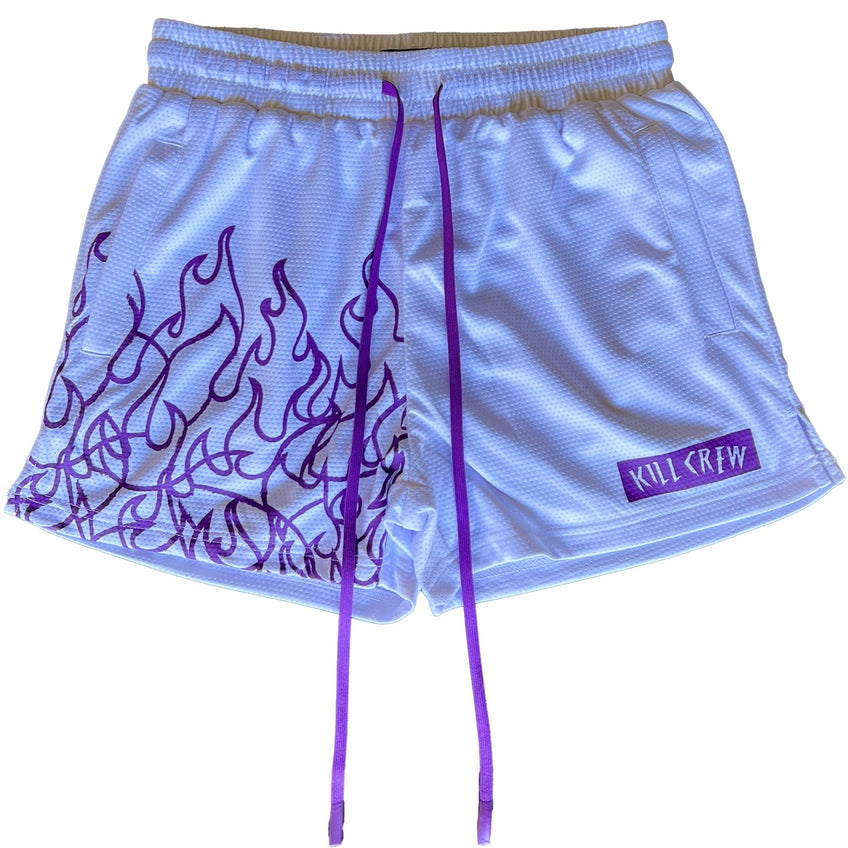MUAY THAI FLAME SHORTS (MID THIGH CUT) - WHITE / PURPLE – Kill Crew