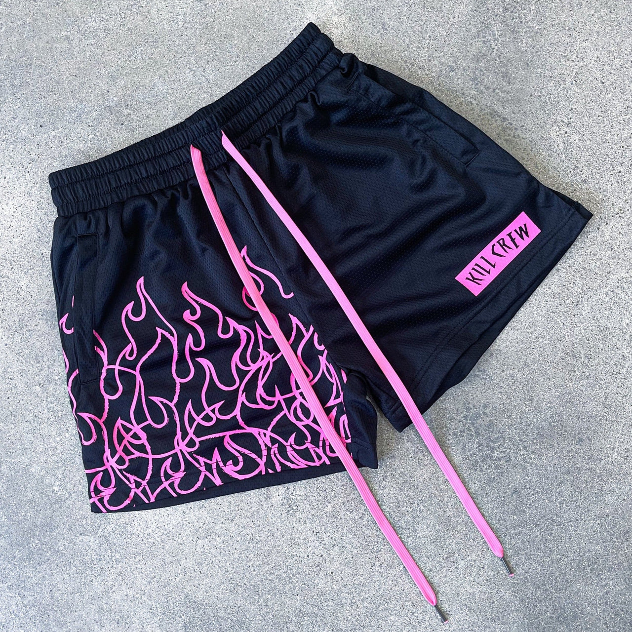 MUAY THAI FLAME SHORTS (MID THIGH CUT) - BLACK / PINK – Kill Crew